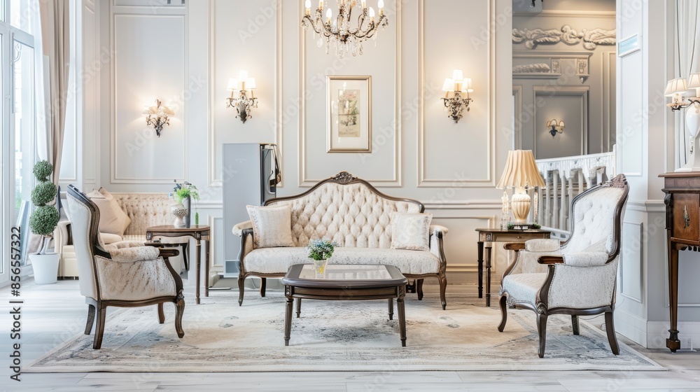 An elegant Victorian-inspired lounge design boasting a white canvas ...