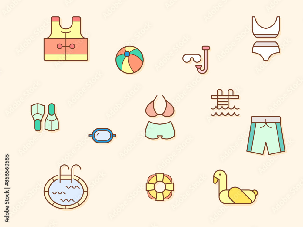 Vector illustration of a cute swimming and pool. Collection of diving ...
