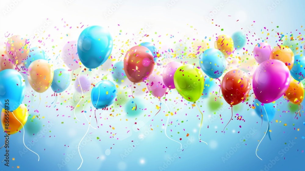 Colorful balloons with confetti falling on a light blue party ...
