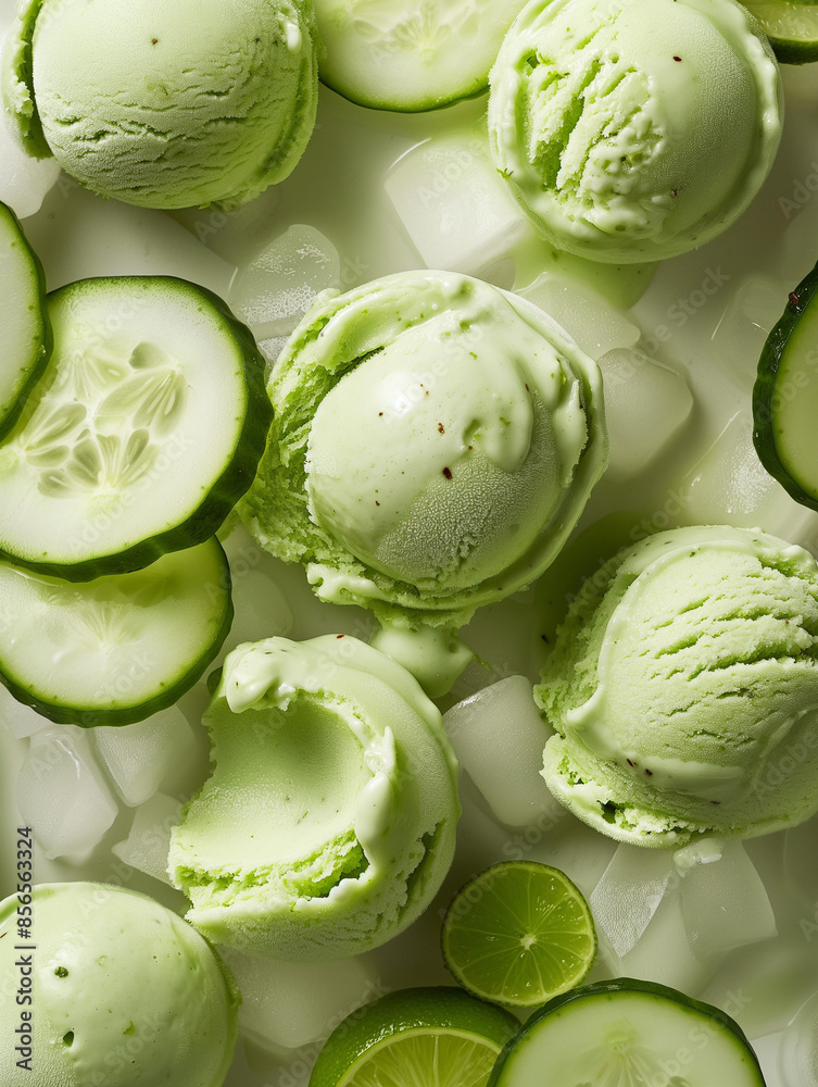 Refreshing cucumber and lime ice cream, a closeup of refreshing ...