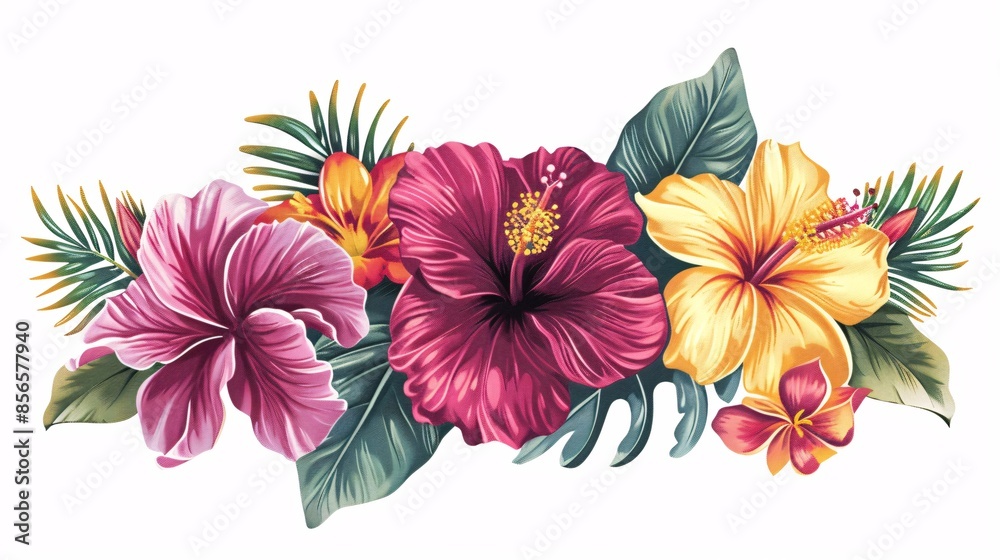 Decorative vector illustration of a cluster of hibiscus and plumeria ...