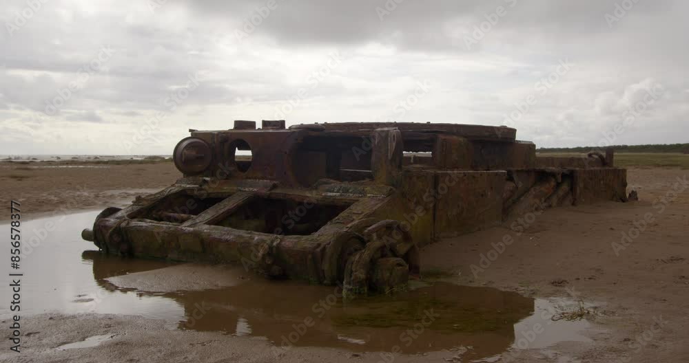 wide shot of the tank on the beach. showing front left of the Comet 1 ...