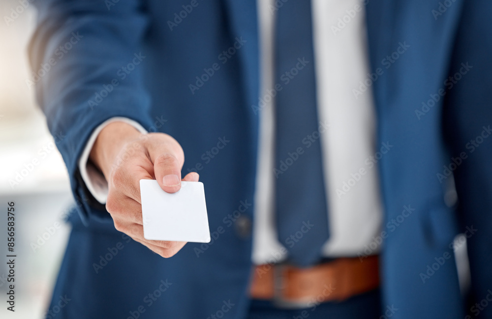 Hand, offer and man with business card in office for company contact ...