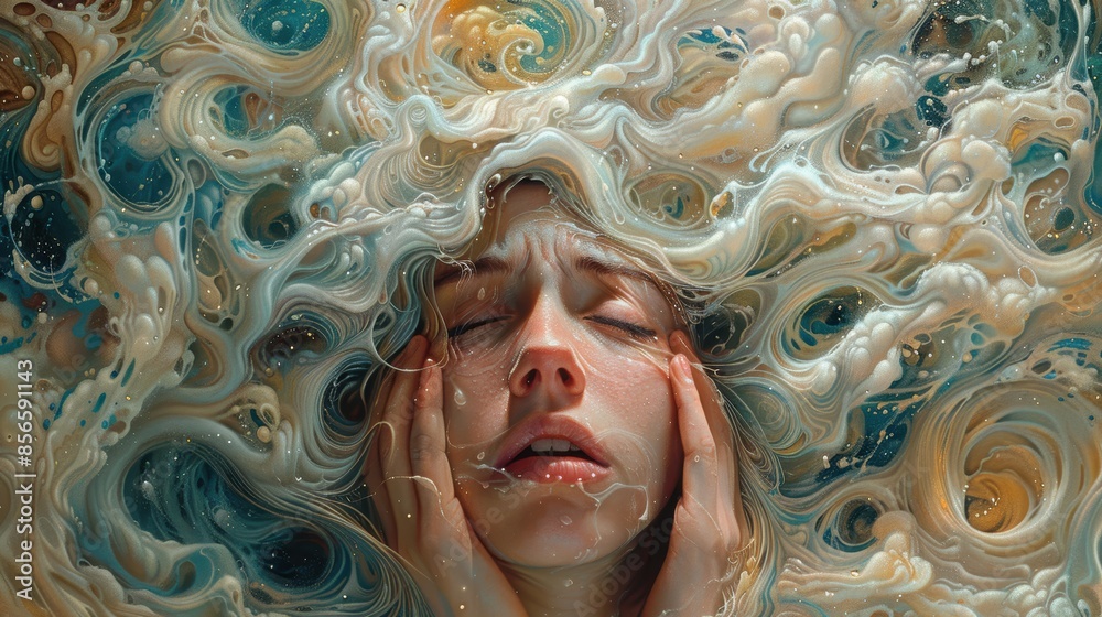 Anxiety: A person surrounded by swirling, chaotic patterns, clutching ...