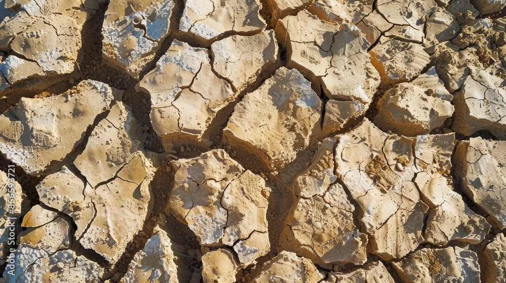 Dried-up riverbed with cracked earth, illustrating severe drought and ...