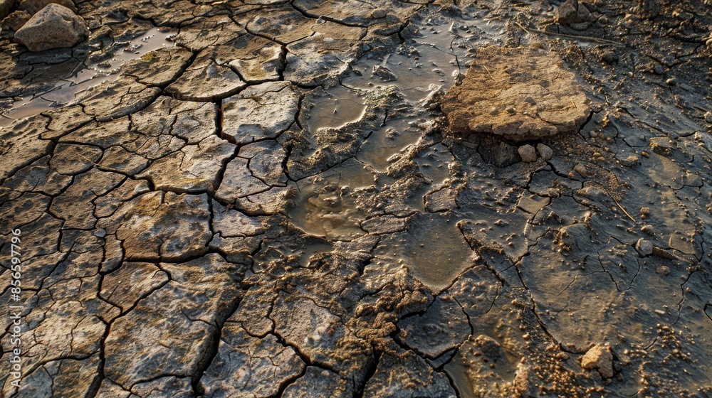 Parched riverbed with deeply cracked earth, depicting a drought ...