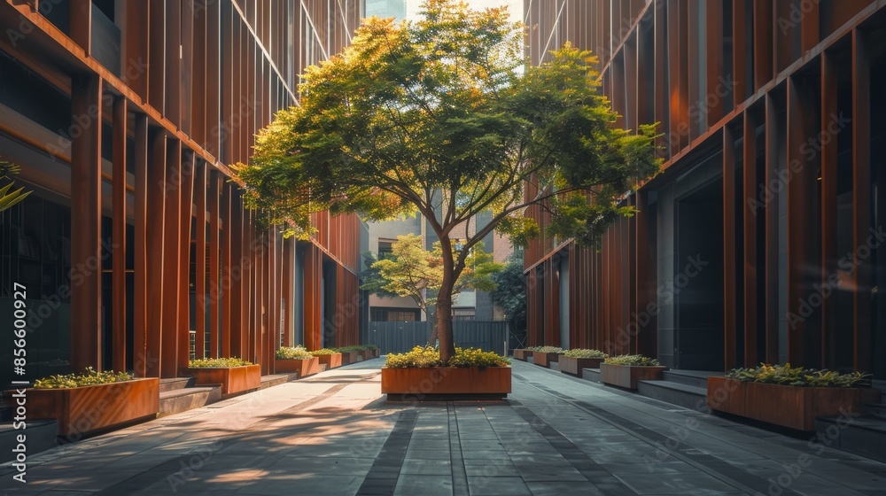 Tree growing in the middle of an elegant modern street, upscale ...