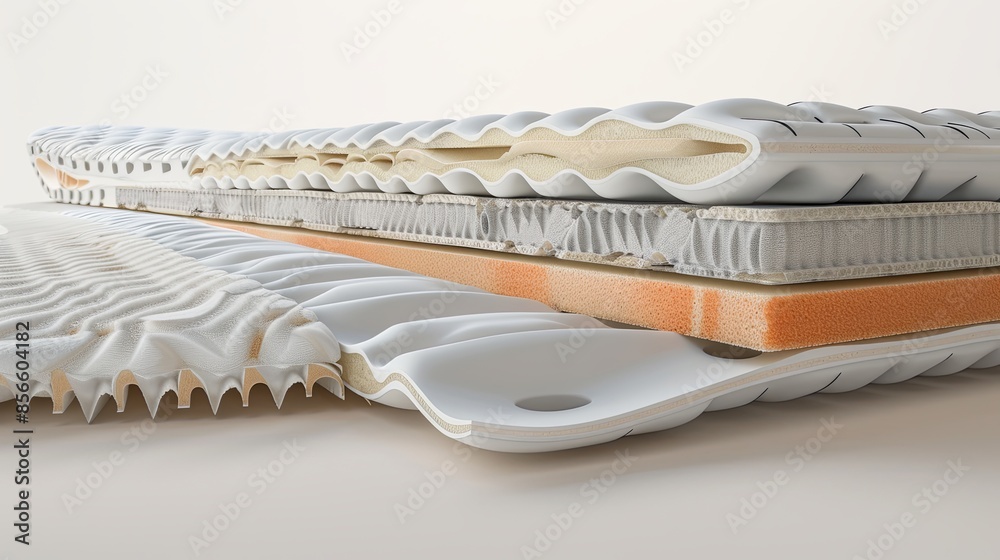 Detailed cutaway view of mattress exposing memory foam, springs, and ...