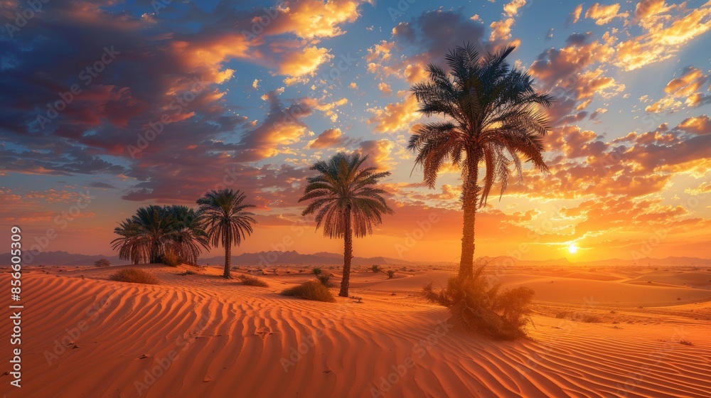 Beautiful desert sunset panorama, with palm trees and golden sands, raw ...