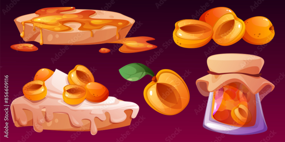 Apricot jam on toast, pie with dairy, glass bottle. Cartoon vector set ...