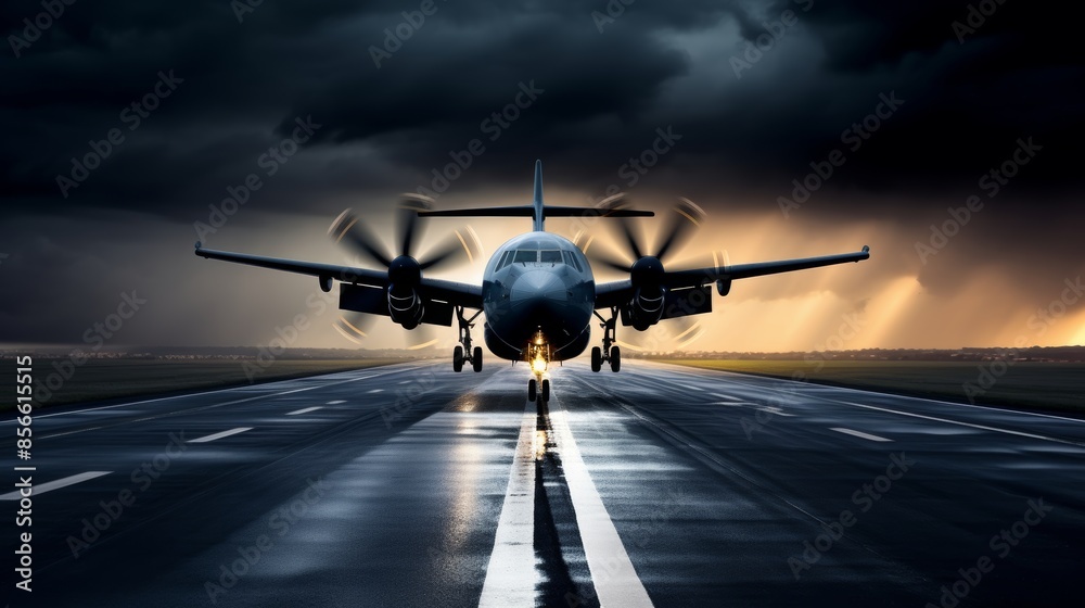 Military cargo aircraft landing operation in a military transport ...