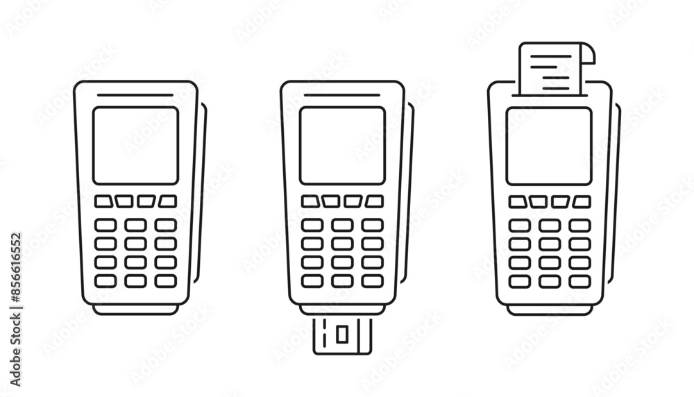 Payment terminal icons. POS terminal with credit card and printed check ...