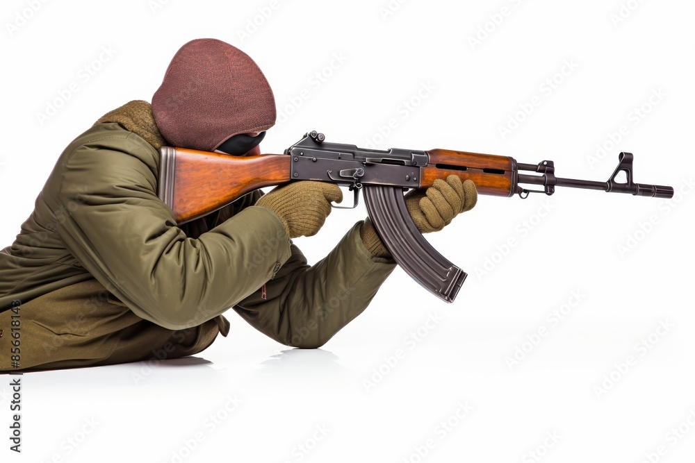 Military soldier in prone position aims machine gun on white background ...