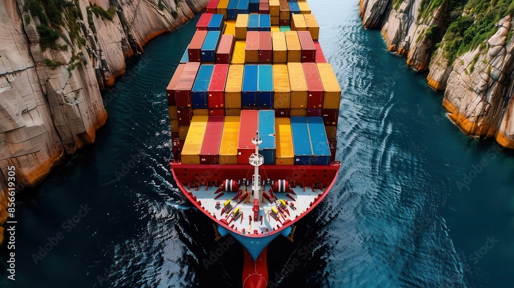 Container vessel navigating through a narrow channel towards the port ...