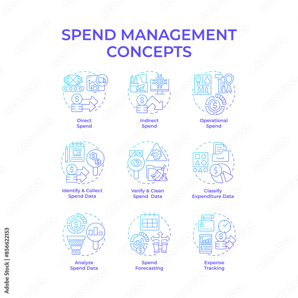 Spend management blue gradient concept icons. Expense reports ...