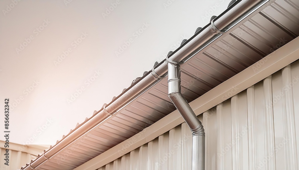 Metal gutters for the roof of a house background. Rainwater drainage ...