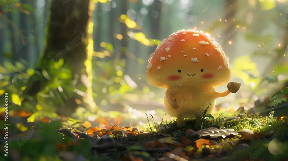 ภาพประกอบสต็อก Adorable 2D mushroom character with rosy cheeks and a ...