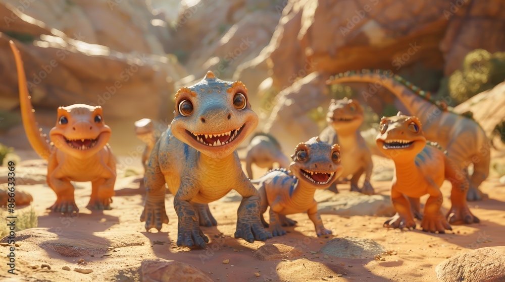 Cute 3D dinosaurs of various breeds exploring a desert. Their ...