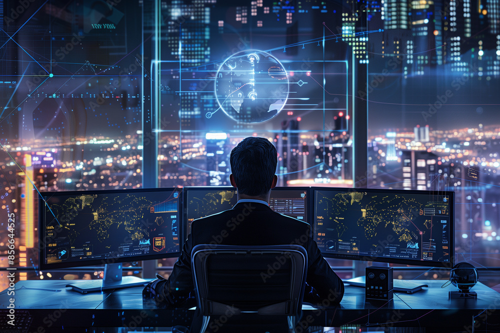cyber security architect at work in a modern office. Multiple monitors ...