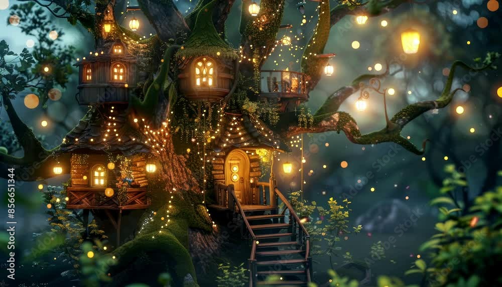 Treehouse Magical Fairytale with Lights in Enchanted Night Forest Video ...