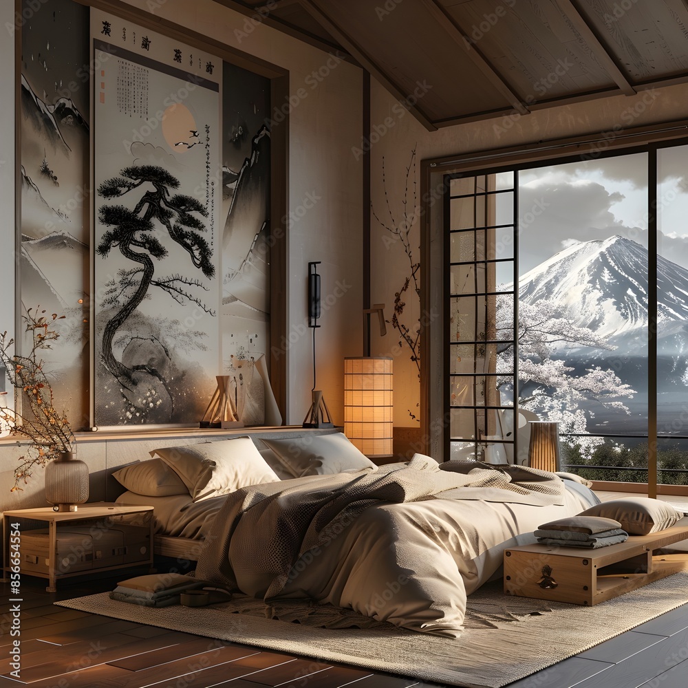 Japanese style bed room, Mt Fuji landscape scenic lake view background ...