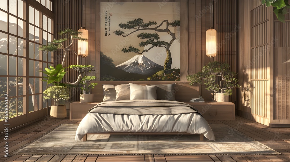 Japanese style bed room, Mt Fuji landscape scenic lake view background ...