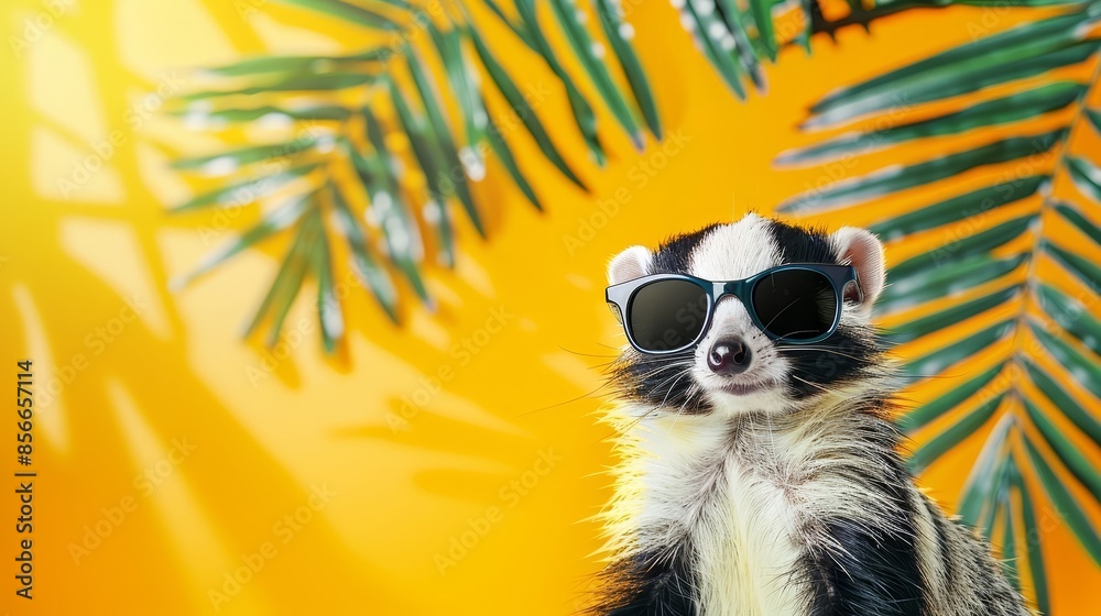 A delightfully quirky skunk donning sunglasses,relaxing amidst the lush ...