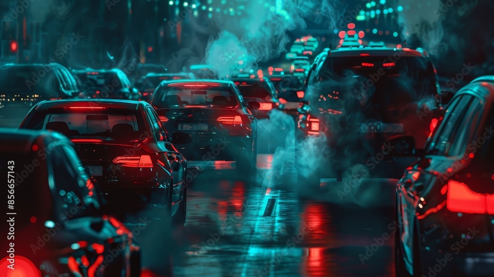 A digital art depiction of a congested urban landscape with cars idling ...