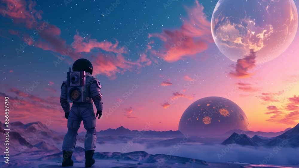 Astronaut standing on an alien planet with multiple moons and a vibrant ...