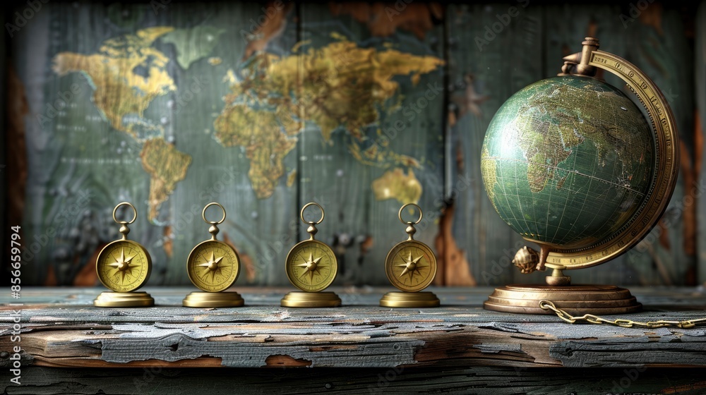 geography class background with globes and compasses, a world map icon ...