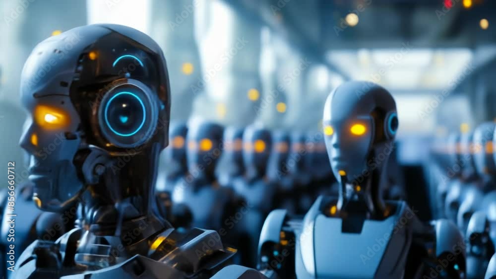 Futuristic Human-Like Robot Leading an Army of Androids at Dawn ...