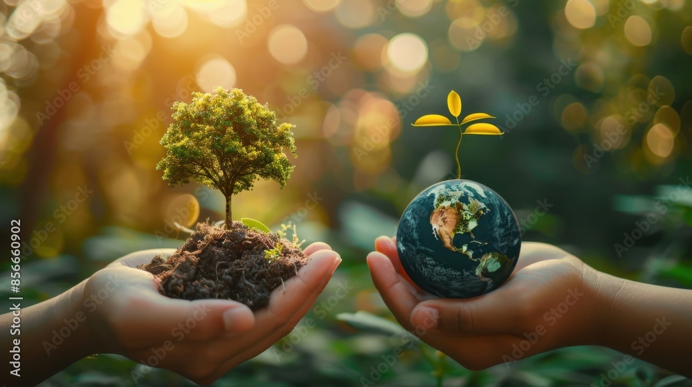 Embrace sustainability: Two hands cradle symbols of nature and Earth ...