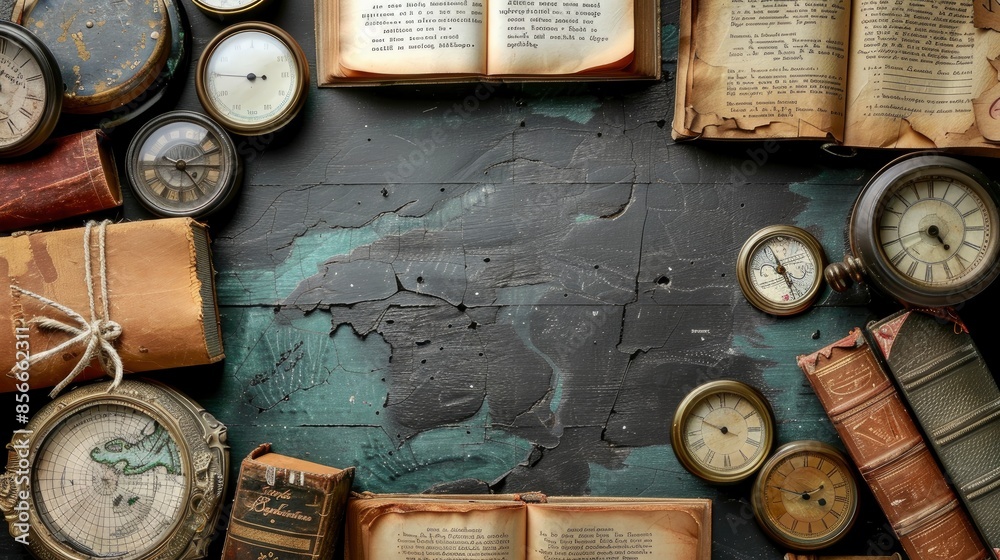 history class background with maps and historical artifacts, a timeline ...