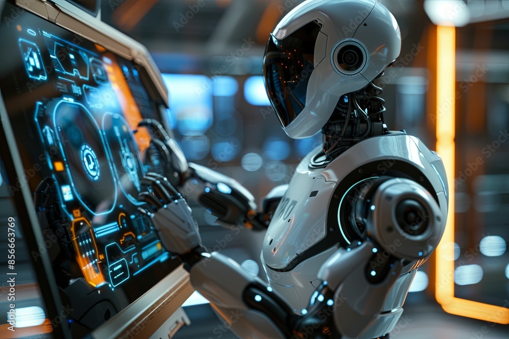 A white humanoid robot with a touchscreen interface interacts with a human in a sleek, modern ...