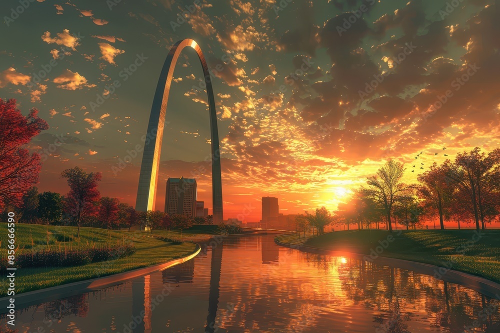 Stunning sunset view of the iconic Gateway Arch reflecting in the water ...