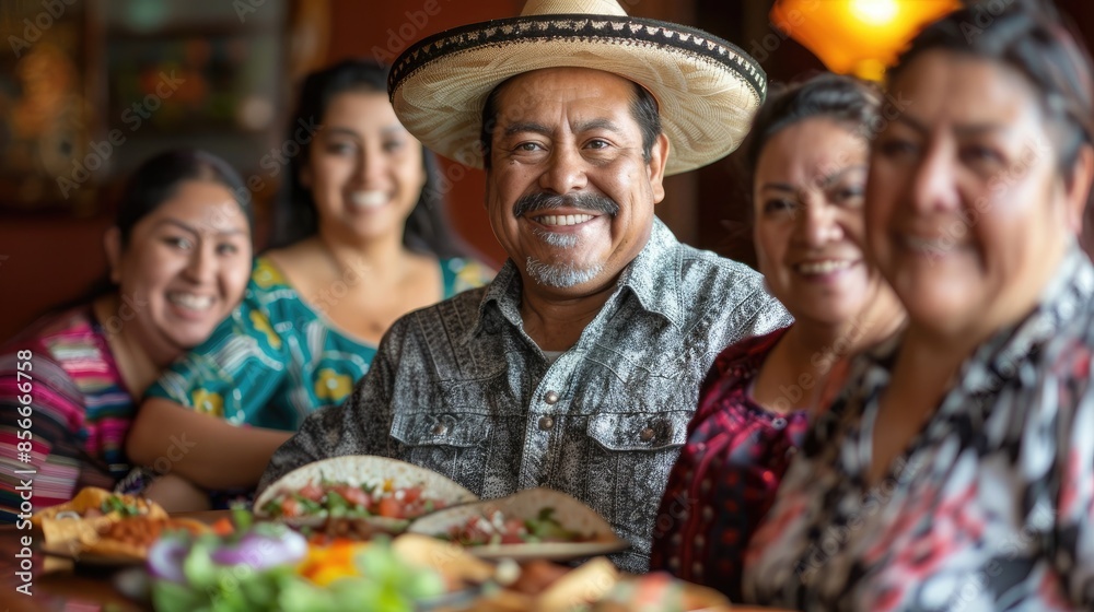 smiling Mexican man wears traditional near the platters filled with ...