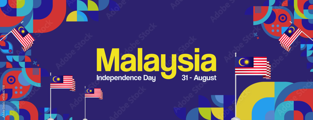 Malaysia Independence Day banner in modern geometric style. Wide banner ...