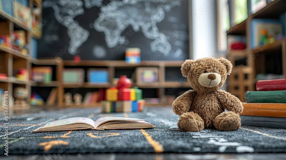 preschool background with building blocks and toys, a teddy bear icon ...