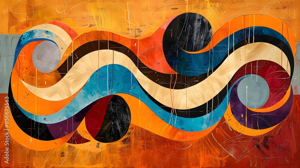 Vibrant abstract art featuring curvy shapes and lines in a warm color ...