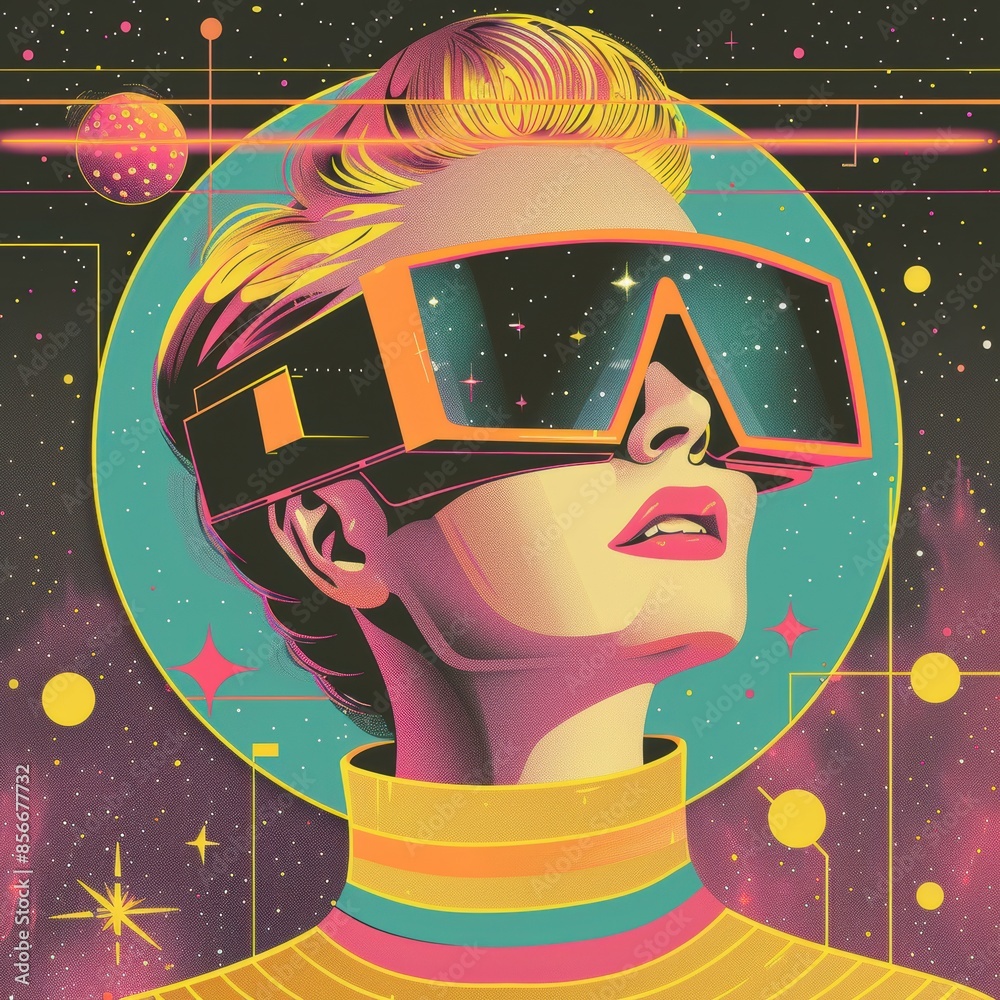Retro space-themed illustration with a fashion model, combining 80s ...