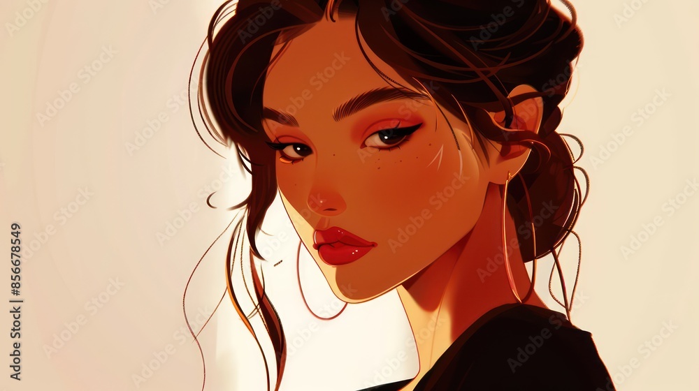 An exquisitely detailed animated woman with a seductive look, standing ...