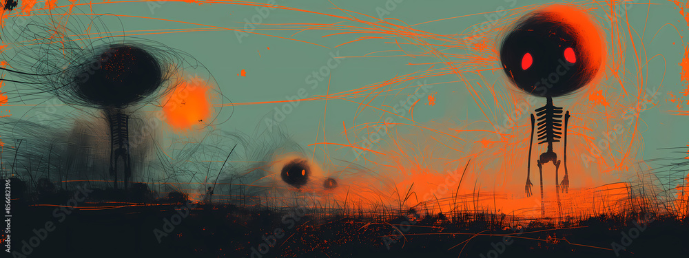 Alien invasion v2 abstract art comic style vector drawing panorama ...