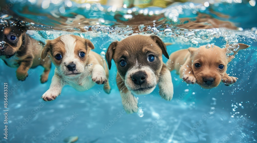 In this funny underwater picture, puppies are in the swimming pool ...