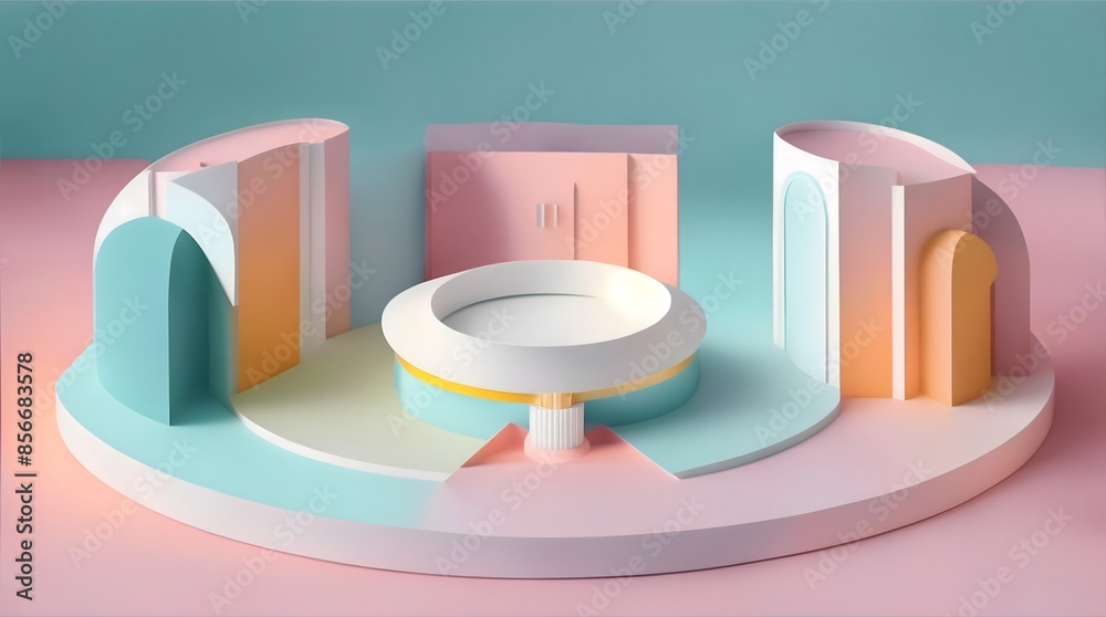 Colorful miniature 3d circular shape podium for product review, pastel ...