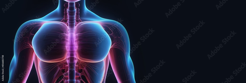 Human body with highlighted rib cage, 3D rendering, backlit hologram ...