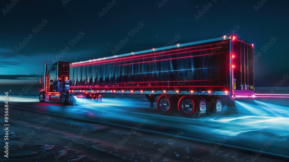 f Large semi truck with trailer and fighter jets are flying overhead ...