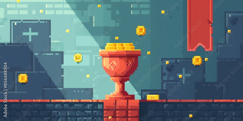 A video game scene with a gold cup on top of a brick wall. The cup is ...