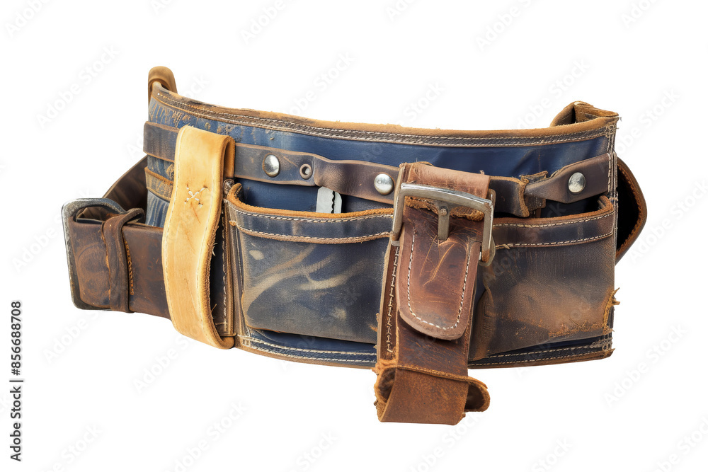 Well-worn leather tool belt with multiple pockets for holding various ...