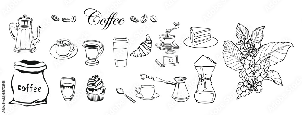 Coffee elements line art style vector illustrations. Black outline ...