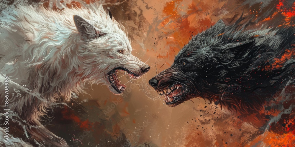 Conceptual Art Depicting Duality: Two Fierce Wolves Facing Each Other ...